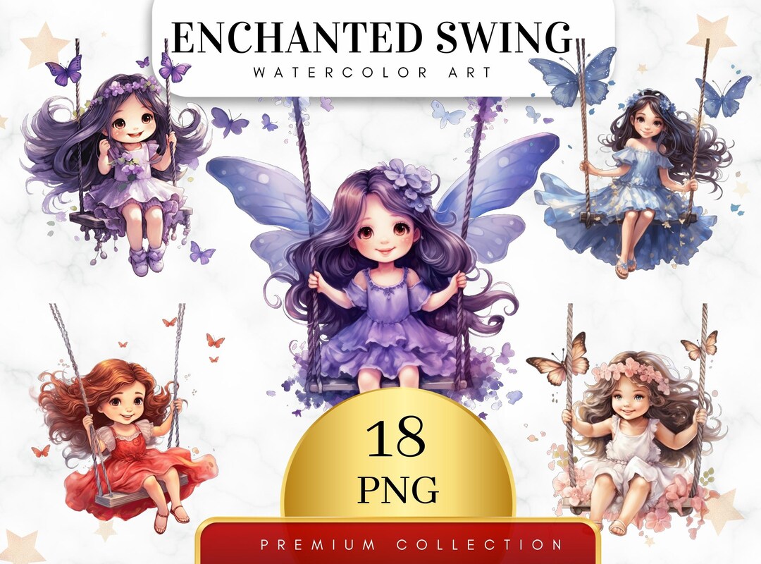 Set of 18, Watercolor Enchanted Swing, Vintage Swing Clipart, Girl on ...