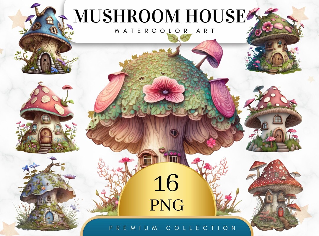 Set of 16, Mushroom Houses Clipart, Fairy Mushroom House Clipart Png ...