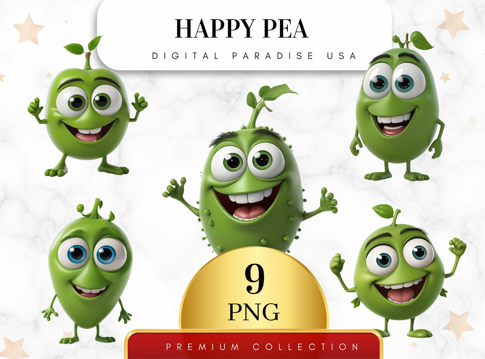 Set of 9, Happy Pea Clipart, Cute Pea PNG, Garden Clipart, Vegetable ...