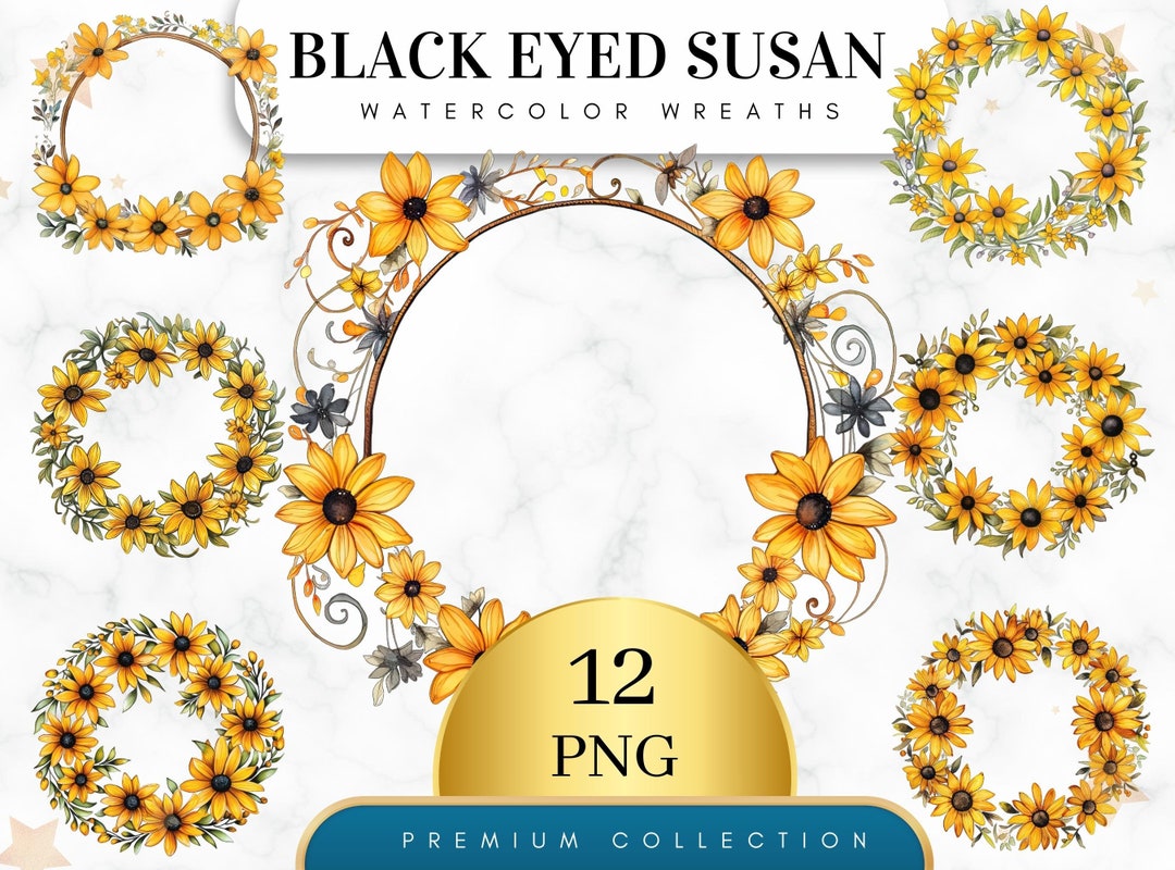 Set of 12, Black Eyed Susan Wreaths Clipart, Floral Frames, Watercolor ...