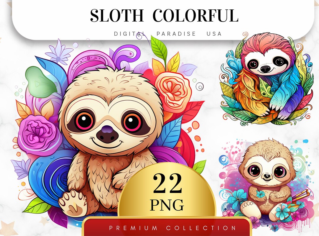 Set of 22 Colorful Sloth Clipart Sloth PNG Cute Sloth Art - Etsy