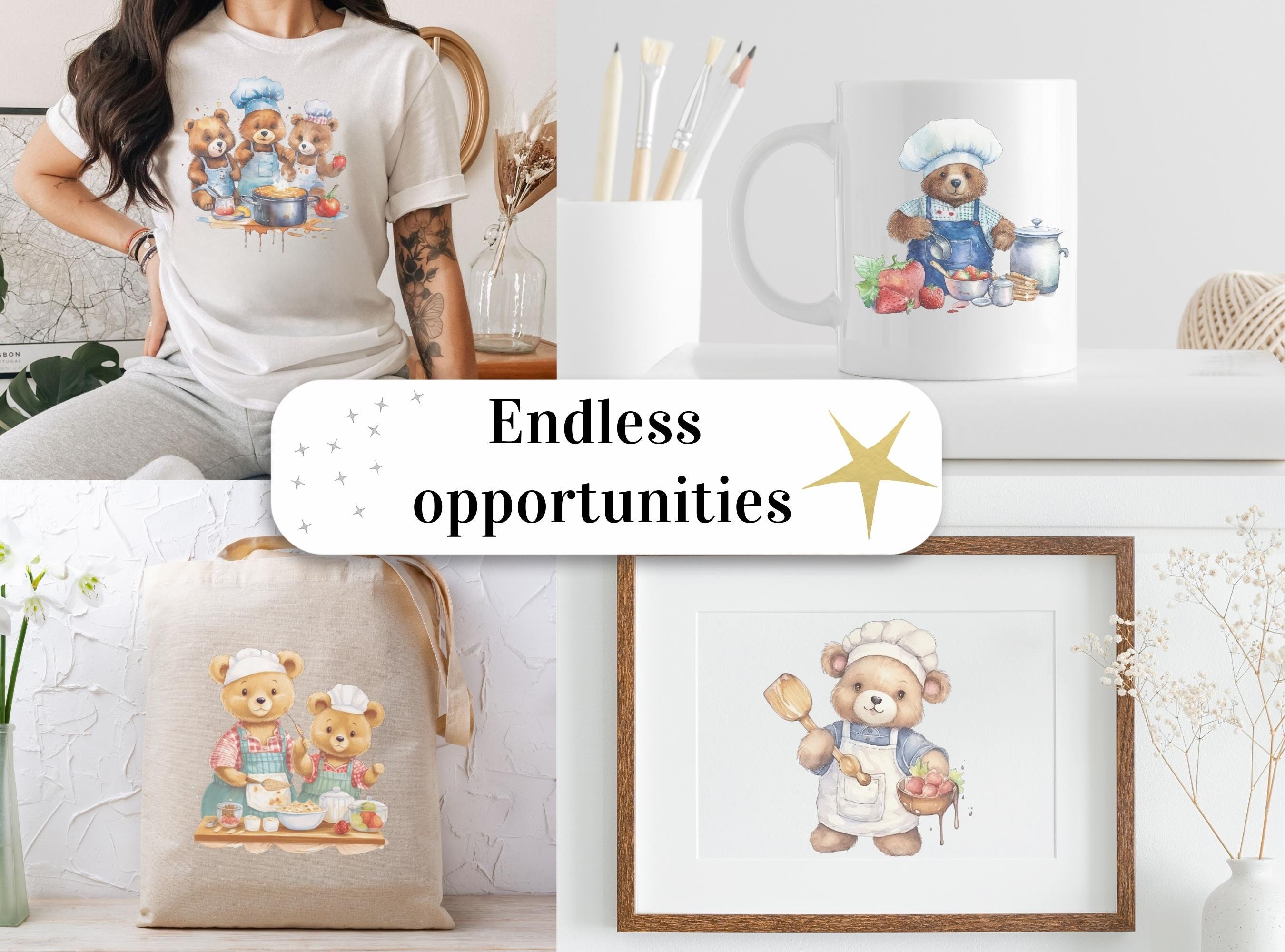 Set of 8, Watercolor Teddy Chef, Teddy Bear PNG, Nursery Clipart, Cute ...