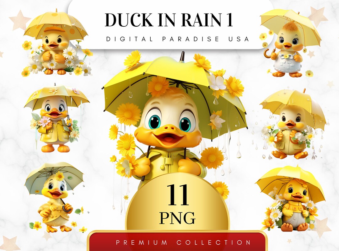 Set of 11, Duck in Rain Clipart, Duck PNG, Rain Clipart, Watercolor ...