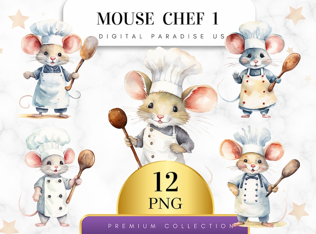 Set of 12, Mouse Chef Clipart 1, Mouse Chef PNG, Kitchen Clipart, Chef ...