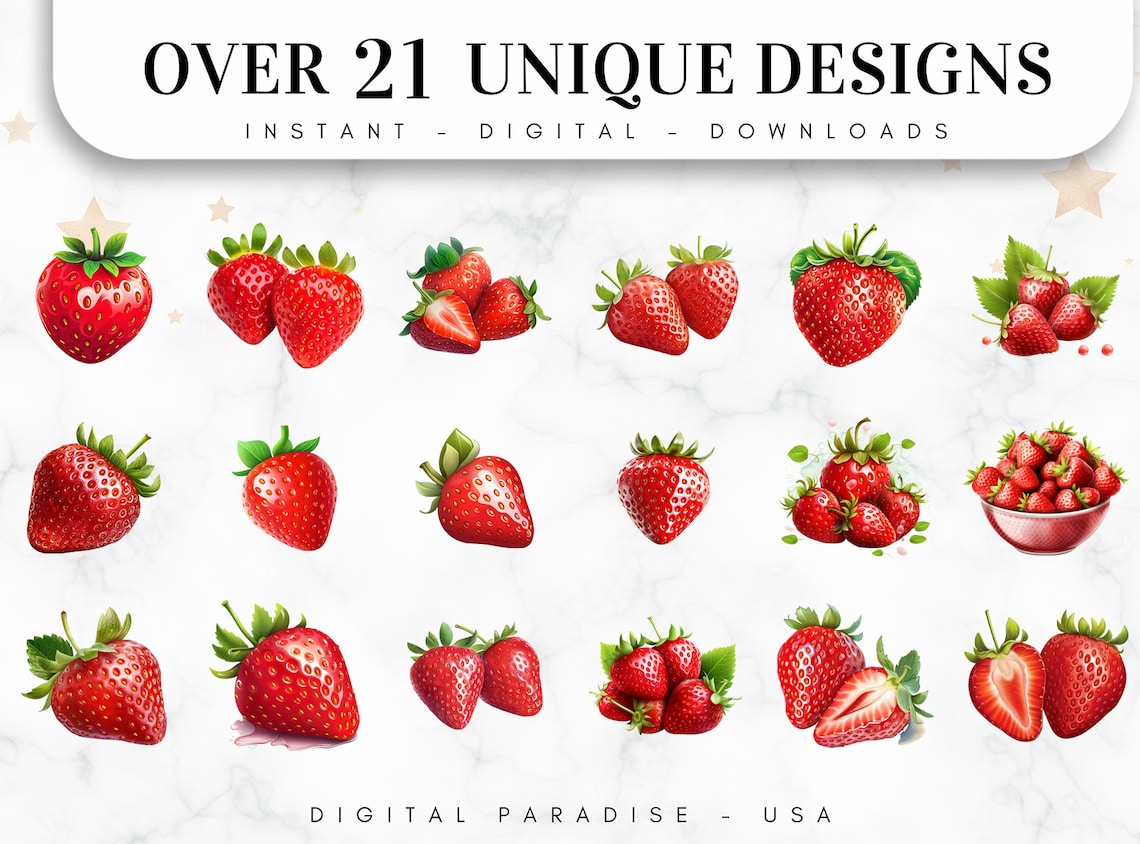 Set of 21, Watercolor Strawberries Clipart, Strawberry PNG, Fruit ...