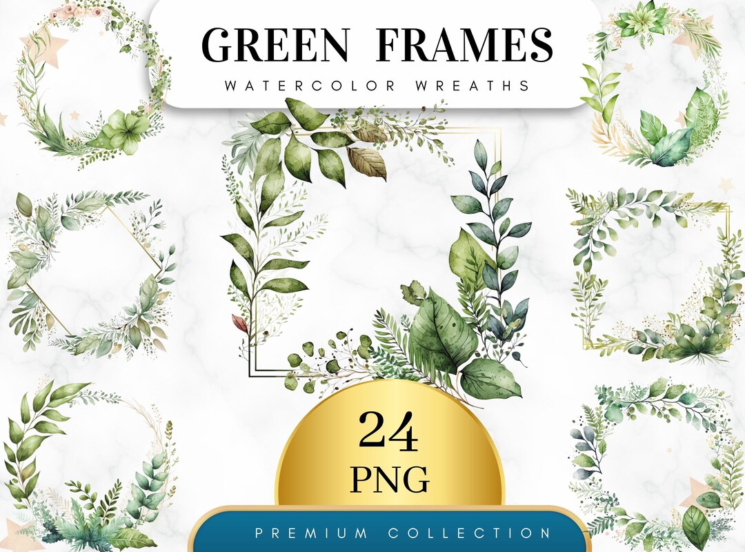 Set of 24, Watercolor Green Plant Frames Set, Greenery Digital Frames ...