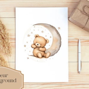 Set of 10, Watercolor Teddy on Moon, Teddy Bear PNG, Nursery Clip Art ...