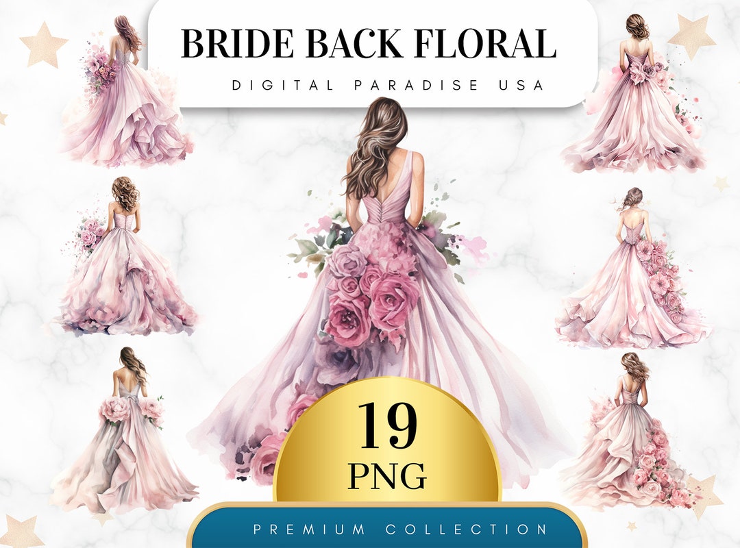 Set of 19, Watercolor Bride Back Floral Clipart, Wedding Day Clipart ...