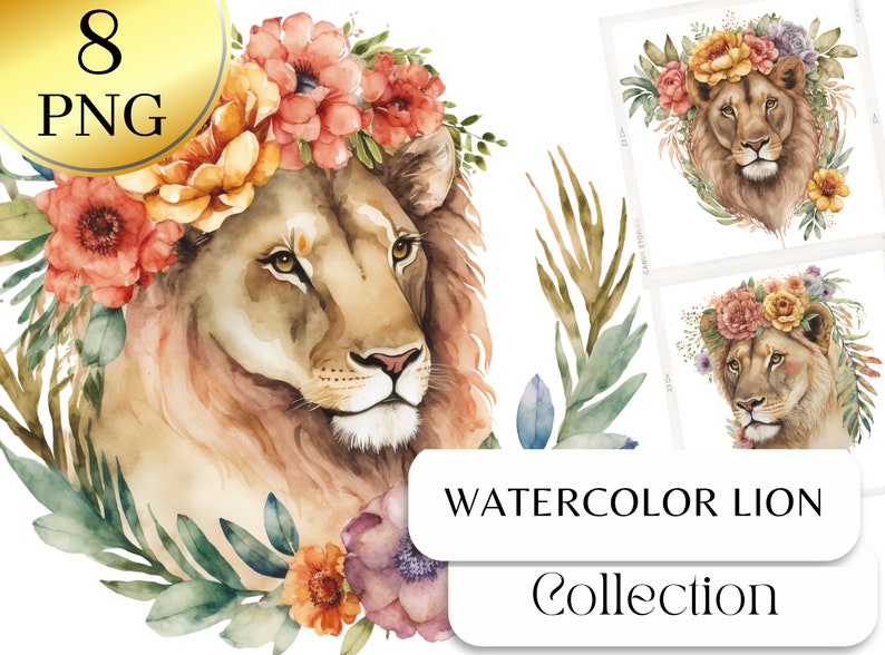 Set of 8 Watercolor Lion Clipart Lion PNG Boho Lion Set - Etsy