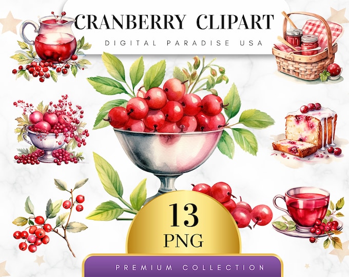 14 Cranberry Clipart Bundle, Cranberry Branch Illustrations, Printable ...