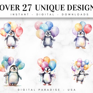 Set of 27, Penguin Balloons Clipart, Penguin Clipart, Balloon Clipart ...