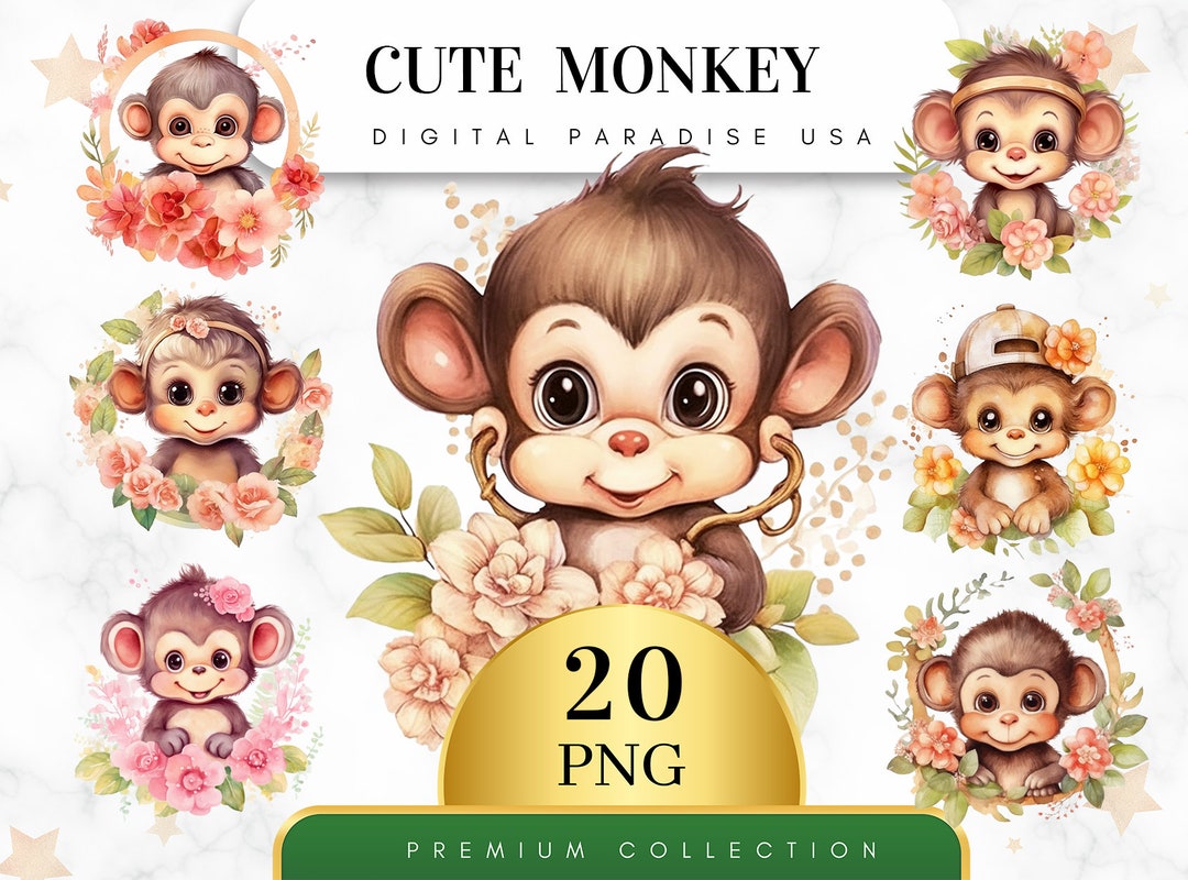 Set of 20, Cute Monkey Clipart, Monkey PNG, Jungle Animal Clipart, Baby ...