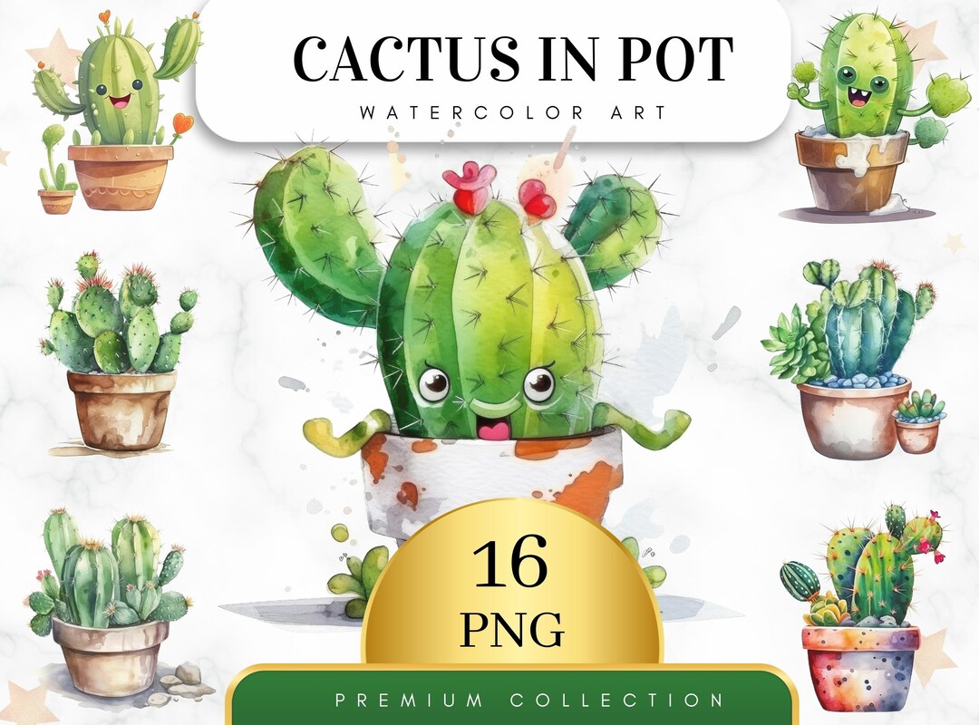 Set of 16, Watercolor Cactus in Pot Clipart, Greenery, Wall Art, Card ...