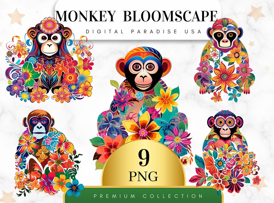 Set of 9, Monkey Bloomscape Clipart, Monkey Clipart, Animals Clipart ...