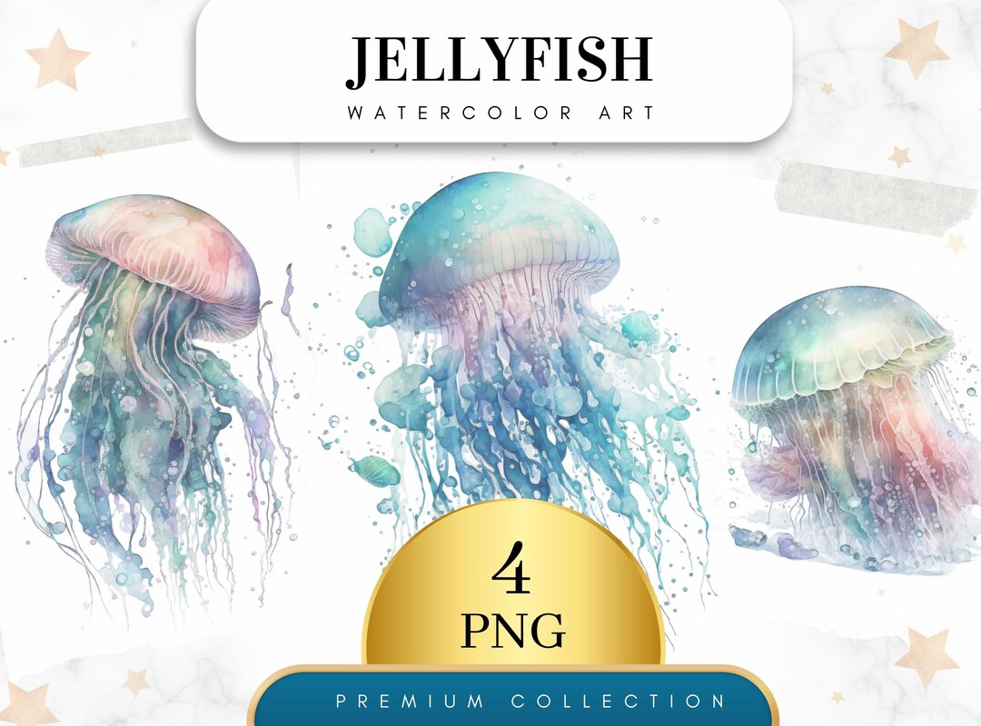 Set of 4, Watercolor Jellyfish Clipart, Cute Nautical Ocean Animals PNG ...