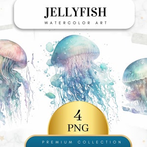 Set of 4, Watercolor Jellyfish Clipart, Cute Nautical Ocean Animals PNG ...