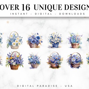 Set of 16, Blue Flowers Basket Clipart, Floral PNG, Watercolor Flower ...