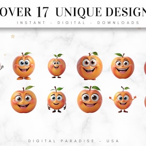 Set of 17, Happy Peach Clipart, Cute Fruit Clipart, Peach PNG, Summer ...