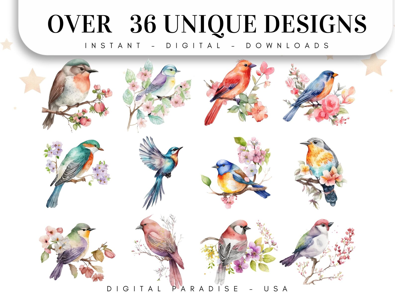 Set of 36, Watercolor Birds Clip Art, Colorful Birds Clipart, Spring ...