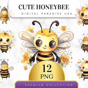Set of 12, Cute Honey Bee Watercolor Clipart, Baby Bee Clip Art, Bee ...