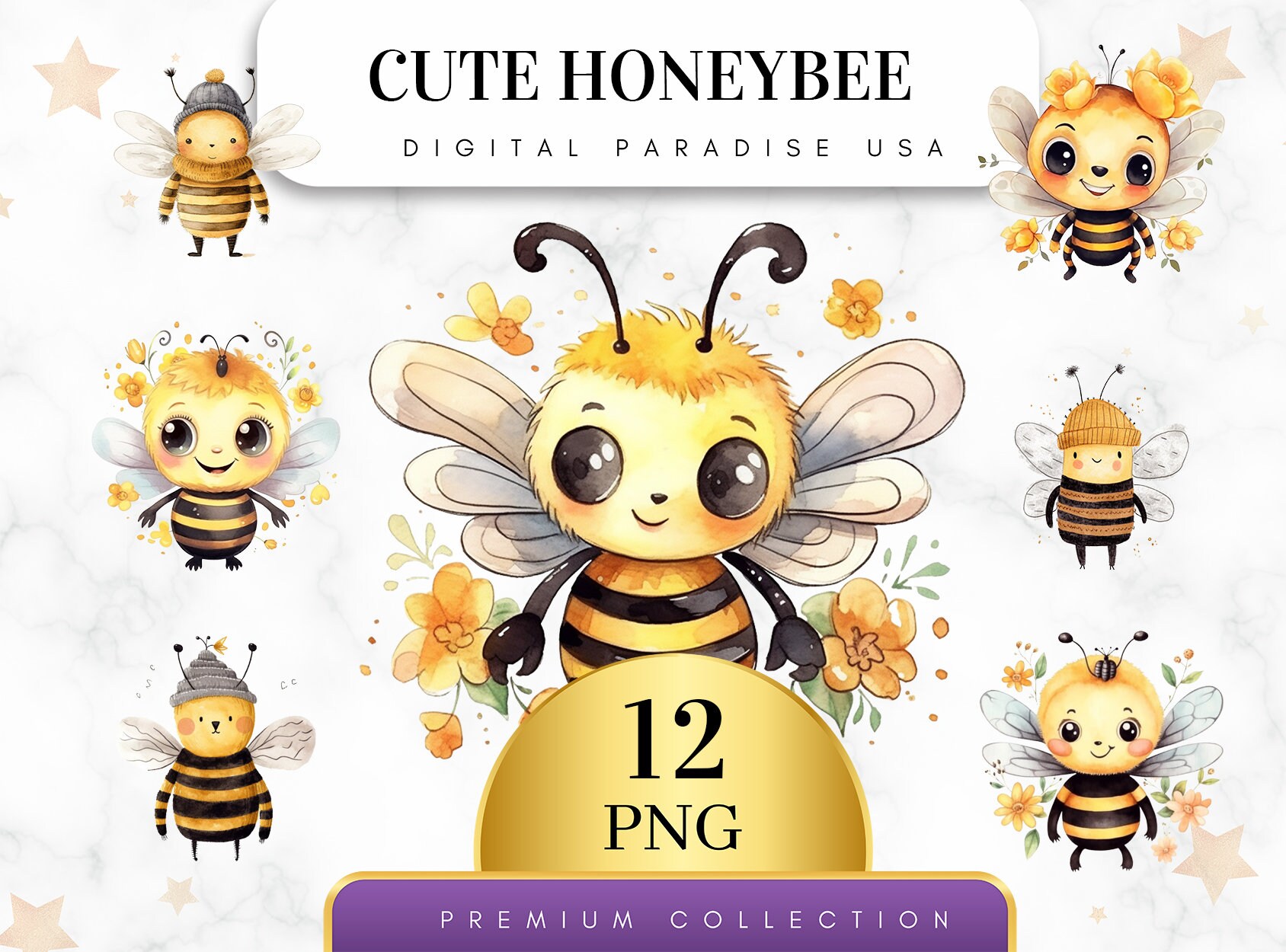 Set of 12, Cute Honey Bee Watercolor Clipart, Baby Bee Clip Art, Bee ...