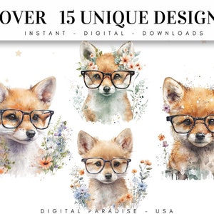 Set of 15, Watercolor Floral Foxes Clipart, Printable Art, Cute Fox PNG ...