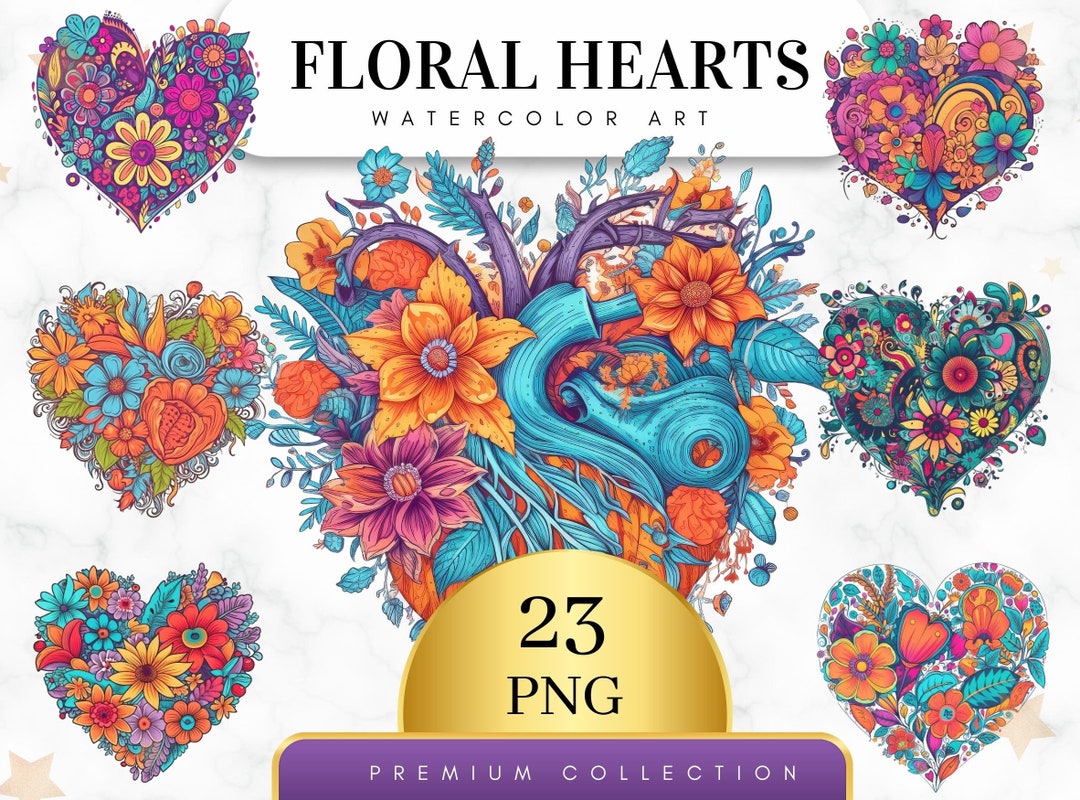 Set of 23, Watercolor Floral Heart Clipart, Heart Sublimation ...