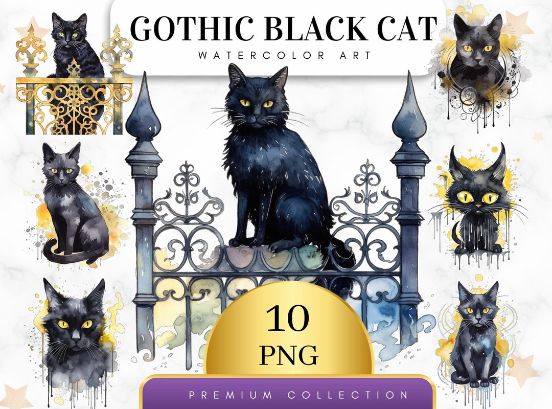 Set of 10, Watercolor Fantasy Gothic Black Cats Png, Black Cat Clip Art, Gothic Black Cat ...