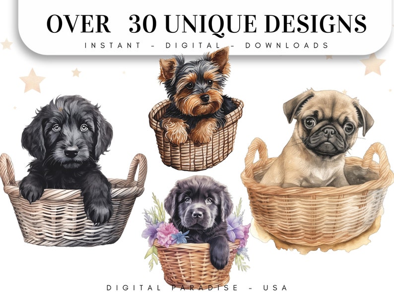 Set of 30, Watercolor Dogs in Basket, Animal PNG, Cute Floral Dogs ...