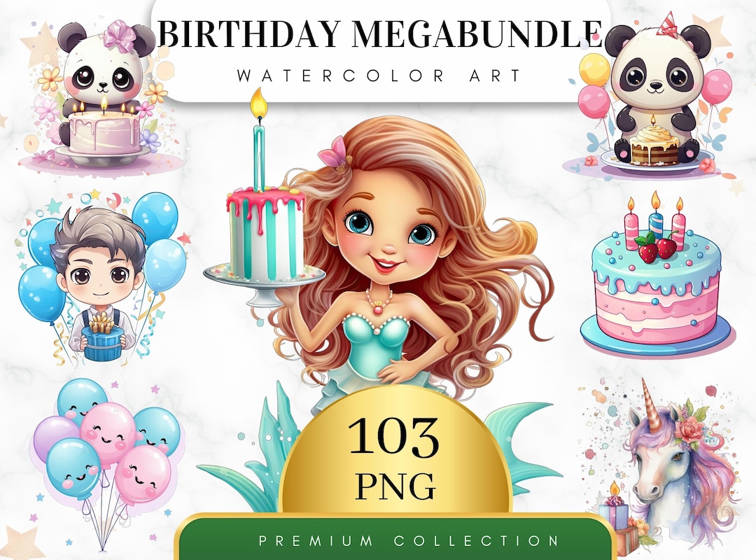 Set of 103, Cute Birthday Megabundle Clipart, Happy Birthday Clipart ...