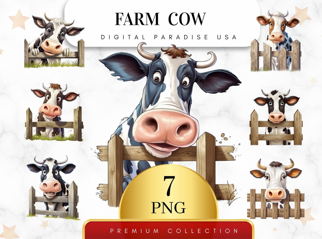 Set of 7, Watercolor Farm Cow Clipart, Cow PNG, Farm Animal Clipart ...