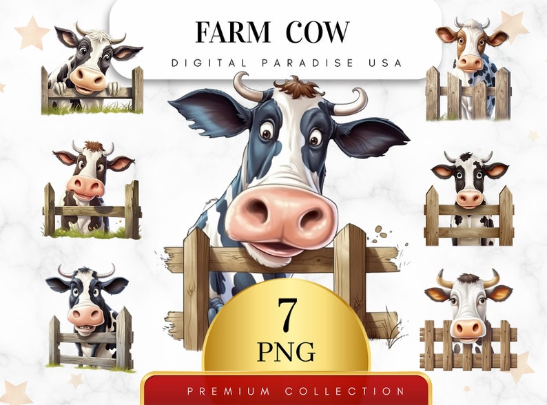 Set of 7, Watercolor Farm Cow Clipart, Cow PNG, Farm Animal Clipart ...
