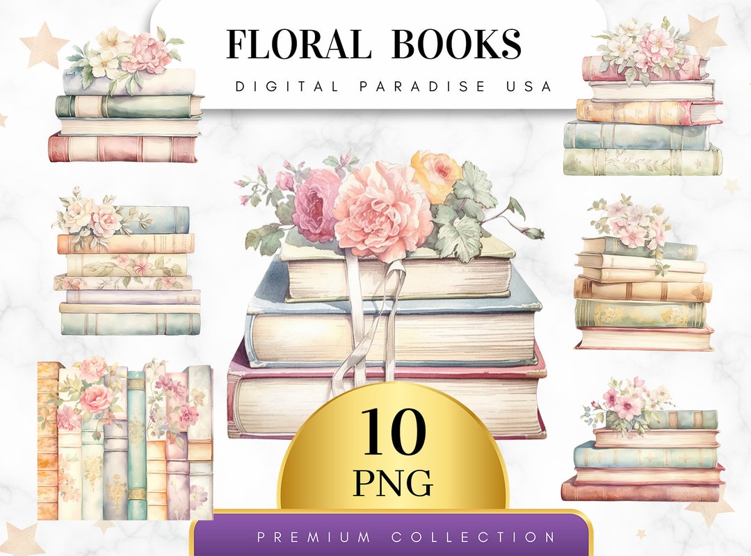Set of 10, Floral Books Clipart, Boho Books PNG, Victorian Books ...