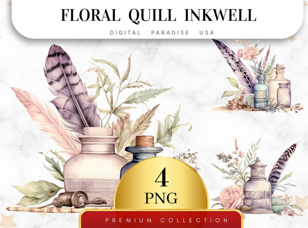 Set of 4, Floral Quill Inkwell Clipart, Inkwell PNG, Vintage Quill ...