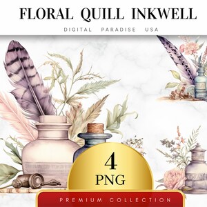 Set of 4, Floral Quill Inkwell Clipart, Inkwell PNG, Vintage Quill ...