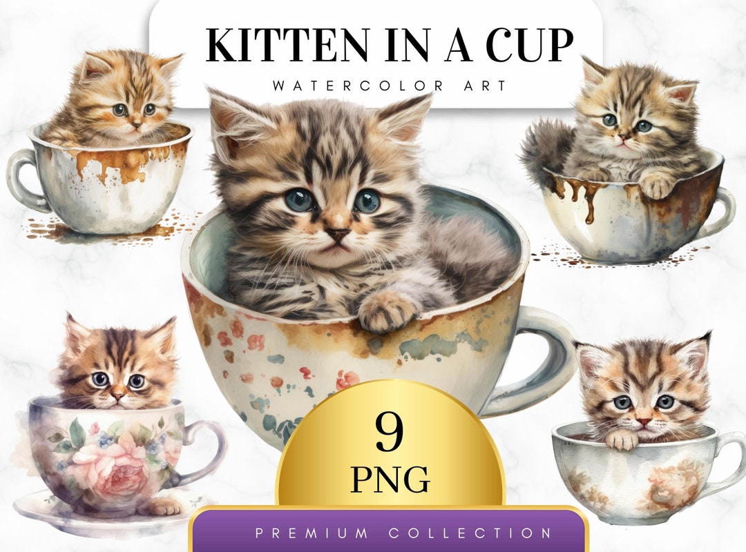 Set of 9, Watercolor Kitten in a Cup, Kitten Clipart, Watercolor Kitten ...