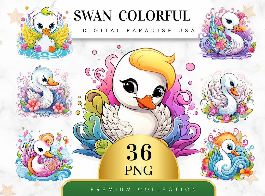 Set of 36, Colorful Swan Clipart, Swan PNG, Watercolor Swan, Swan Art ...