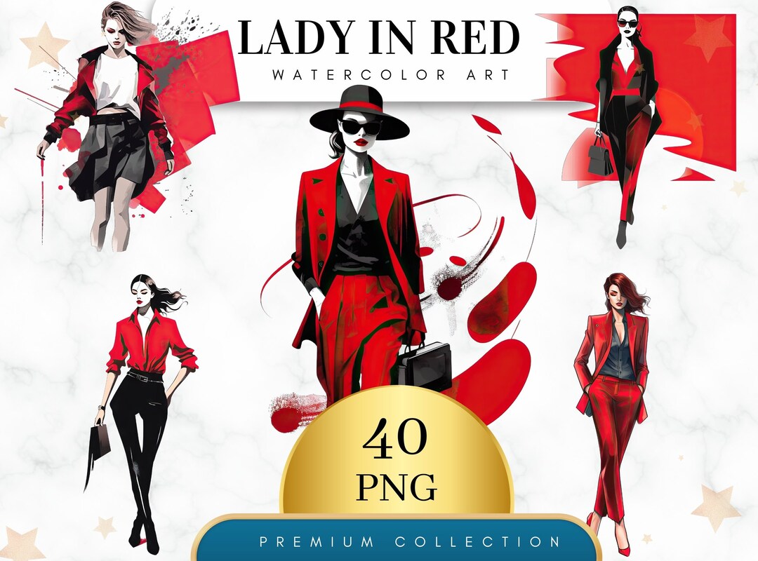 Set of 40 Watercolor Lady in Red Fashion Girl Clipart Women - Etsy