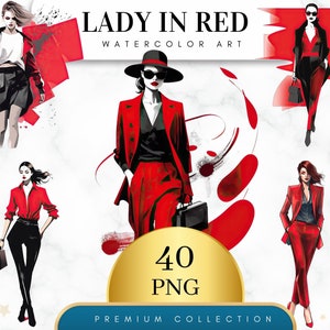 Set of 40 Watercolor Lady in Red Fashion Girl Clipart Women - Etsy