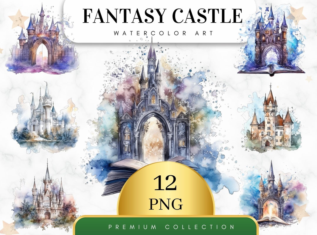 Set of 12, Fantasy Castle Watercolor Clipart, Dark Fantasy Clip Art ...