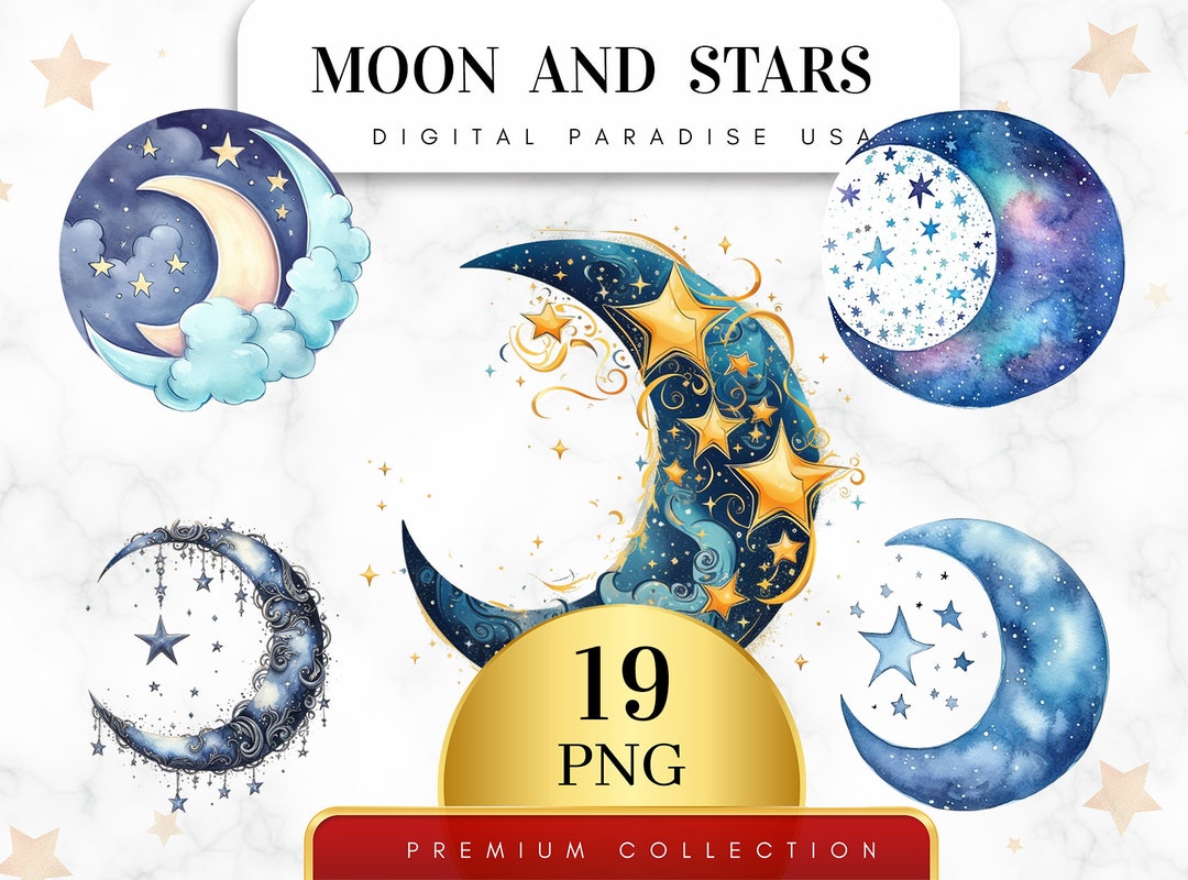 Set of 19, Watercolor Moon and Stars Clipart, Moon and Stars PNG ...