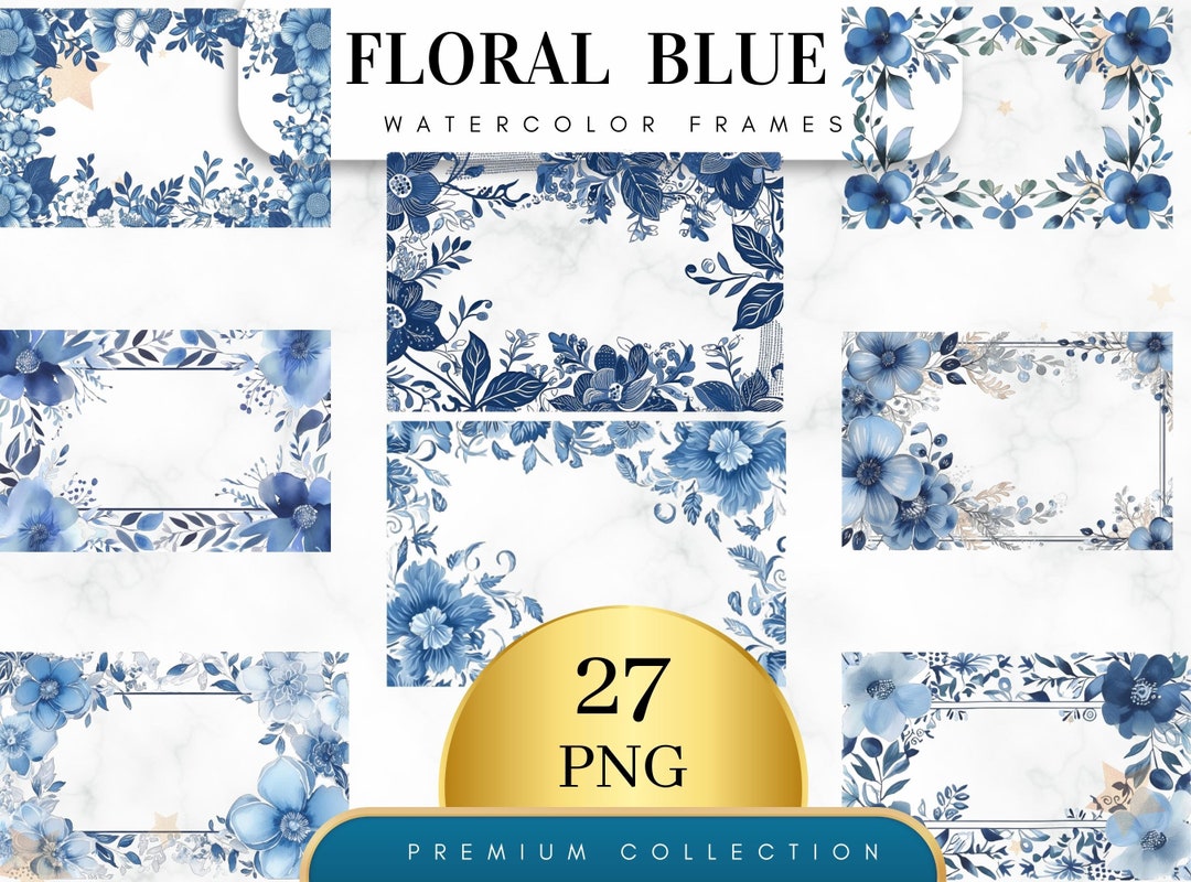 Set of 27, Watercolor Floral Blue Rectangular Frame, Floral Clipart ...