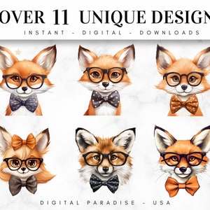 Set of 11, Fox With Glasses Clipart 2, Fox PNG, Cute Fox, Watercolor ...