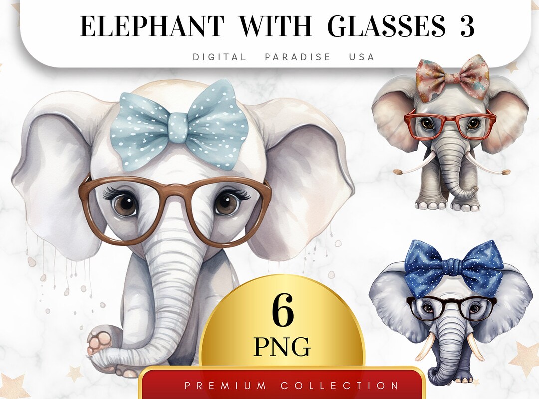 Set of 6, Elephant With Glasses Clipart 3, Elephant PNG, Animal Clipart ...