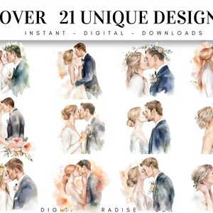 Set of 21, Bride and Groom Kiss Clipart, Wedding Day Clipart PNG ...