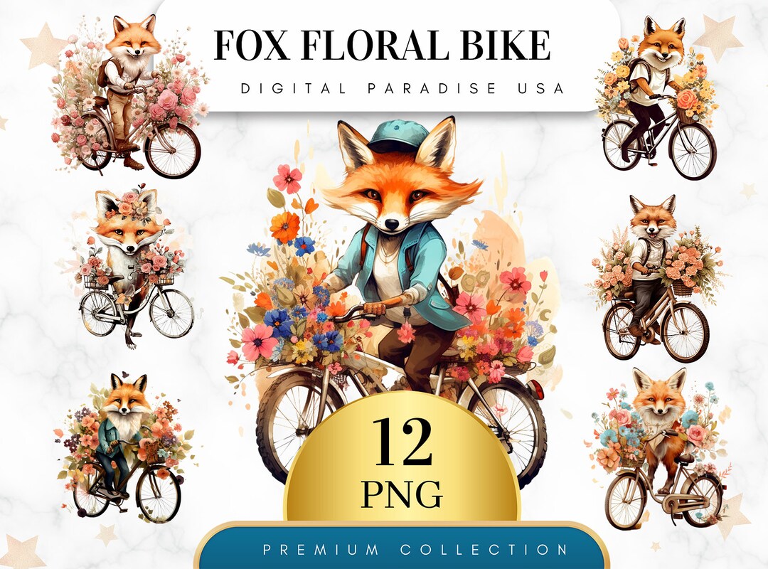 Set of 12, Fox Floral Bike Clipart, Bike Clipart, Fox Clipart, Bike PNG ...