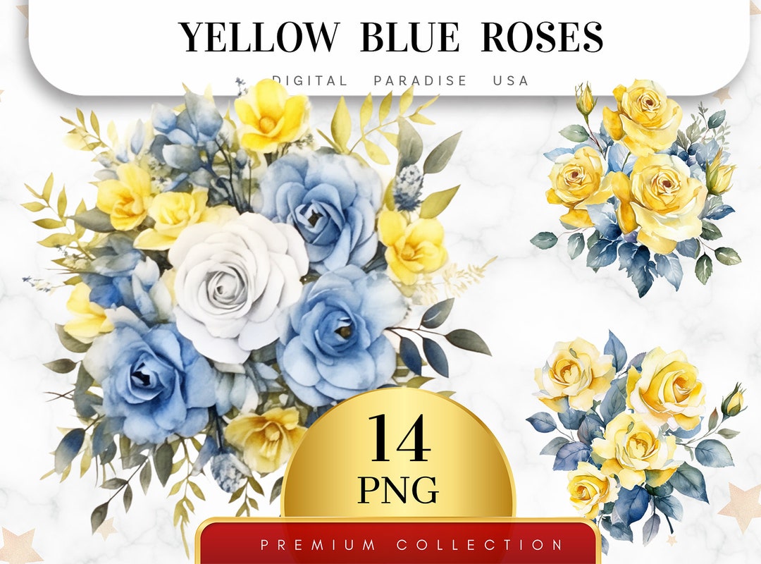 Set of 14, Yellow Blue Roses Clipart, Rose PNG, Flower Clipart, Floral ...