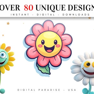 Set of 80, Watercolor Smiley Flowers Clipart, Retro Groovy Png, Smiley ...