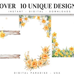 Set of 10, Daffodils Frame & Border Watercolor, Floral Frame Clipart ...