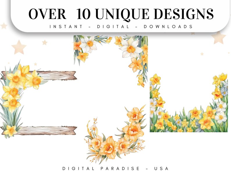 Set of 10, Daffodils Frame & Border Watercolor, Floral Frame Clipart ...